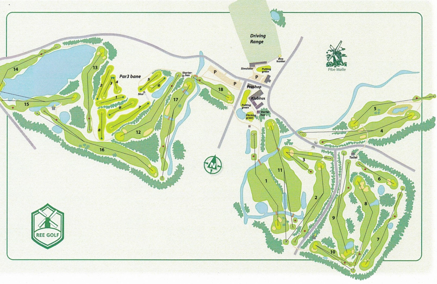I vores baneguide får du et overblik over hullerne - Pibe Mølle Golf